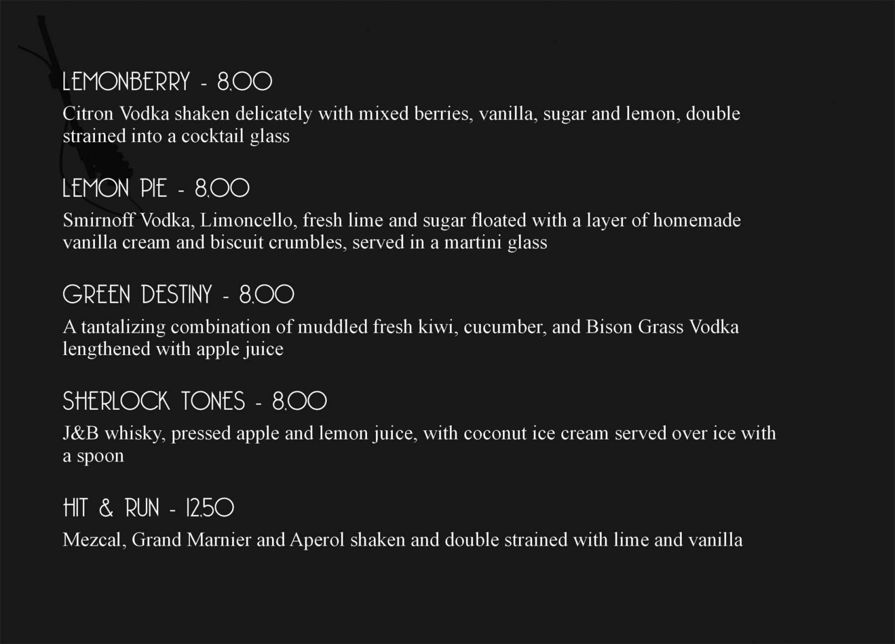 CINCO lounge: Menu